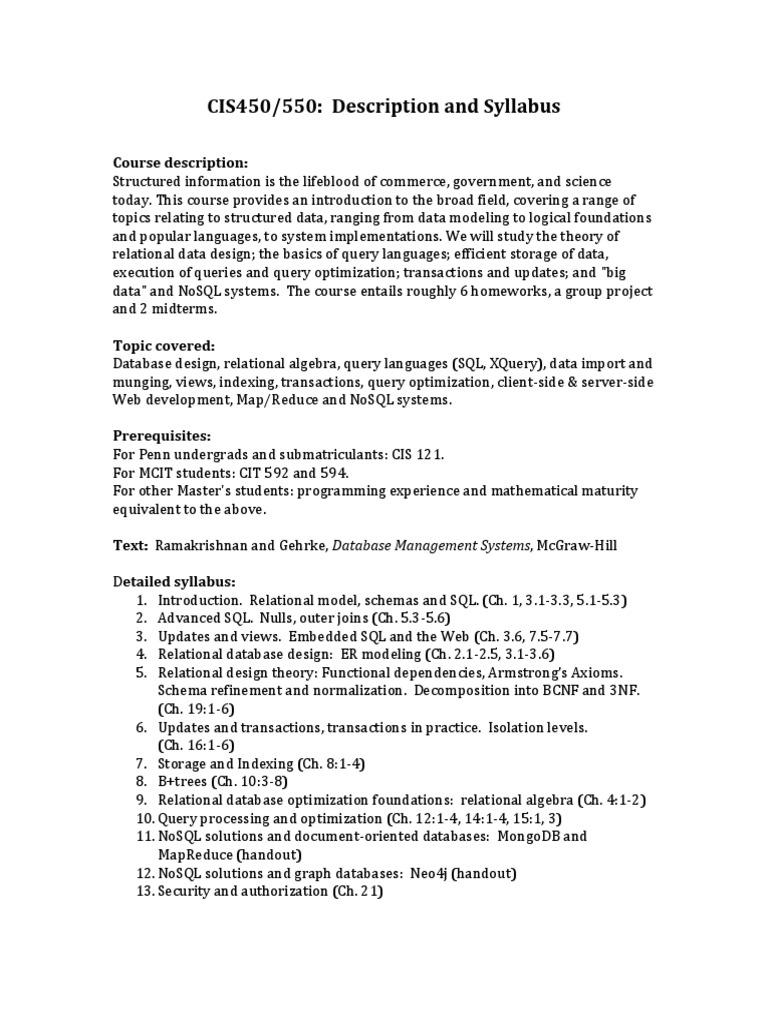 CIS 550 Syllabus | PDF | Business | Computers