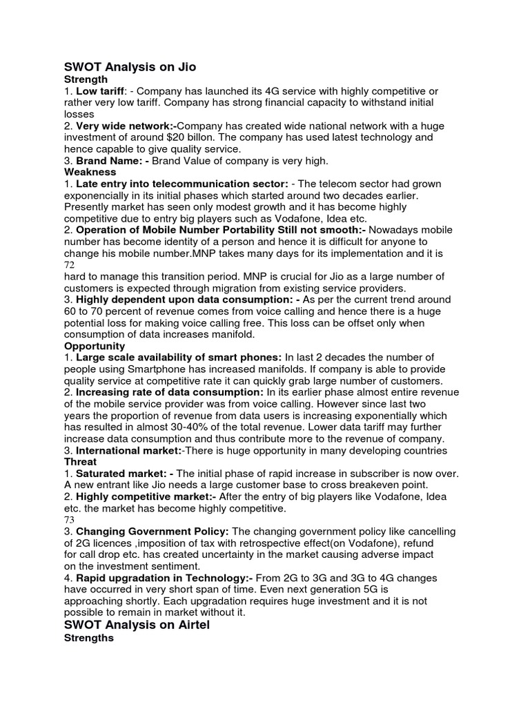 SWOT Analysis On Jio: Strength | PDF | Information And Communications ...