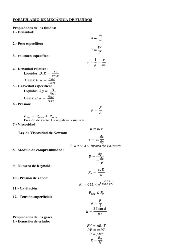 Formulario de Mecanica de Fluidos 2 | PDF | Viscosidad | Tubería (transporte de fluidos)