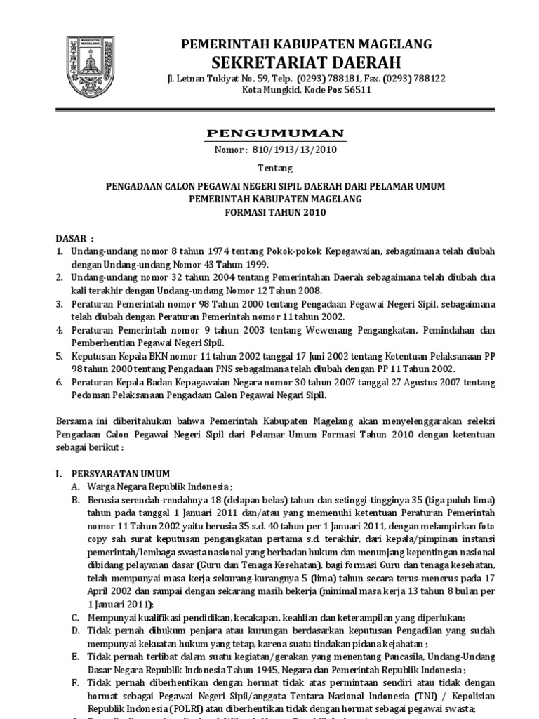 Informasi CPNS Kabupaten Magelang 2010 | PDF | Pengelolaan Keuangan & Uang
