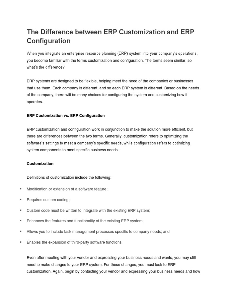 The Difference Between Erp Customization And Erp Configuration Pdf Enterprise Resource