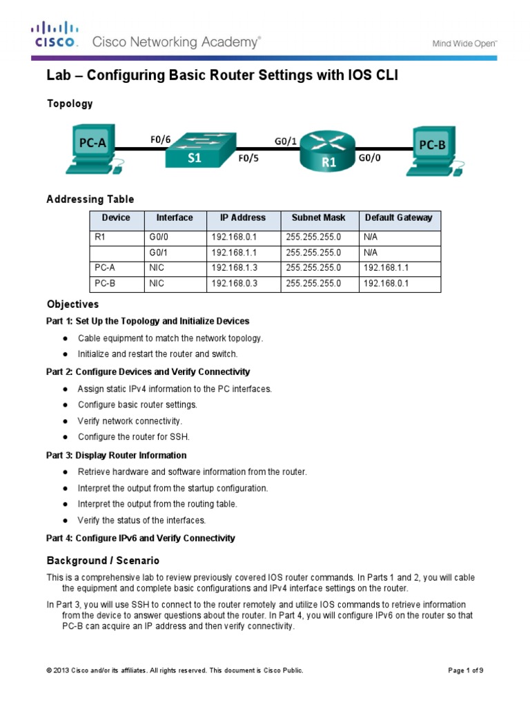 10-1 RSE-4.1.4.6 Lab - Configuring Basic Router Settings With IOS CLI | PDF | I Pv6 | Command ...