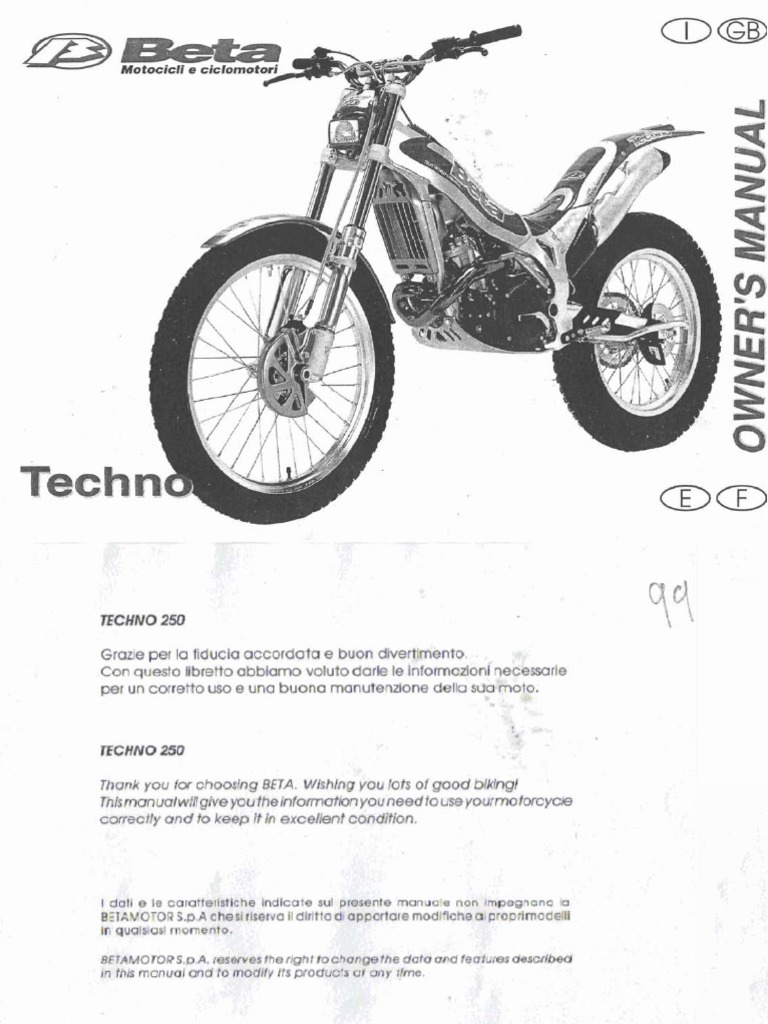 Beta Techno 250 1999 Manual de Intretinere ITALINO-InGLES | PDF