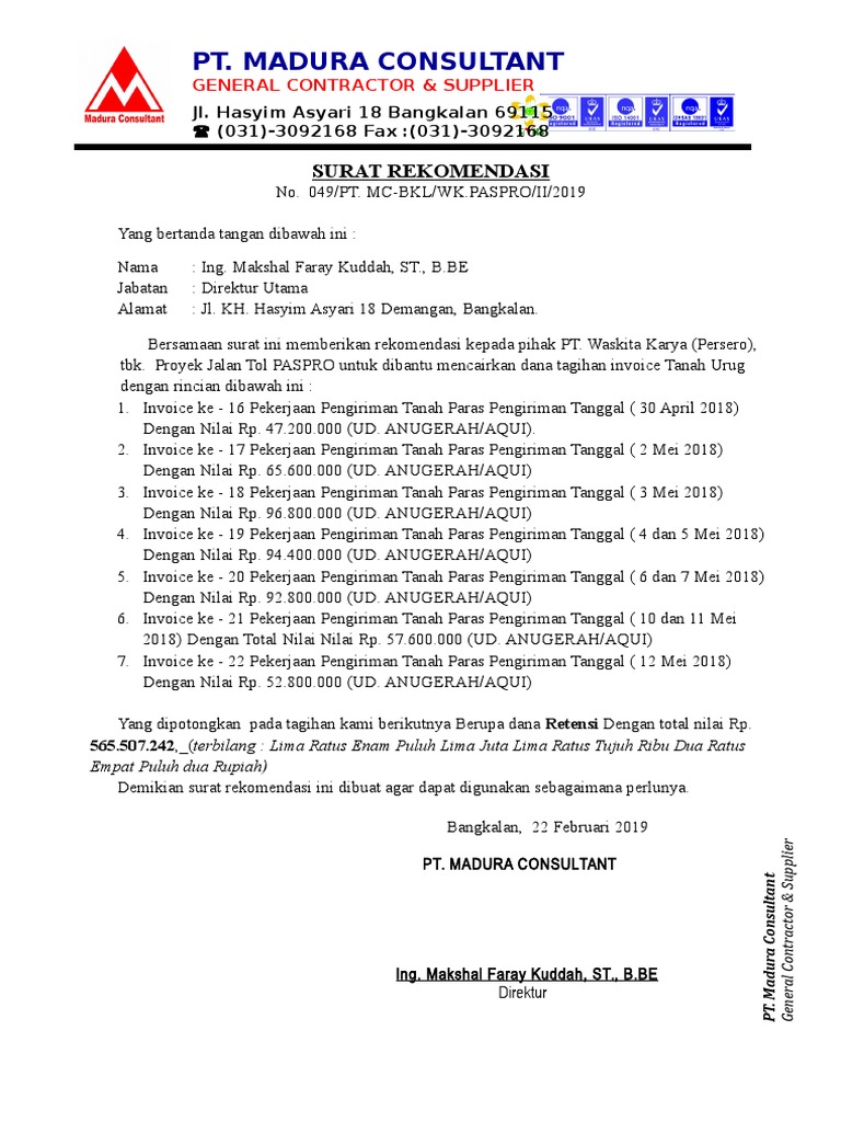 Surat Recom Ud. Anugerah (Aqui) | PDF