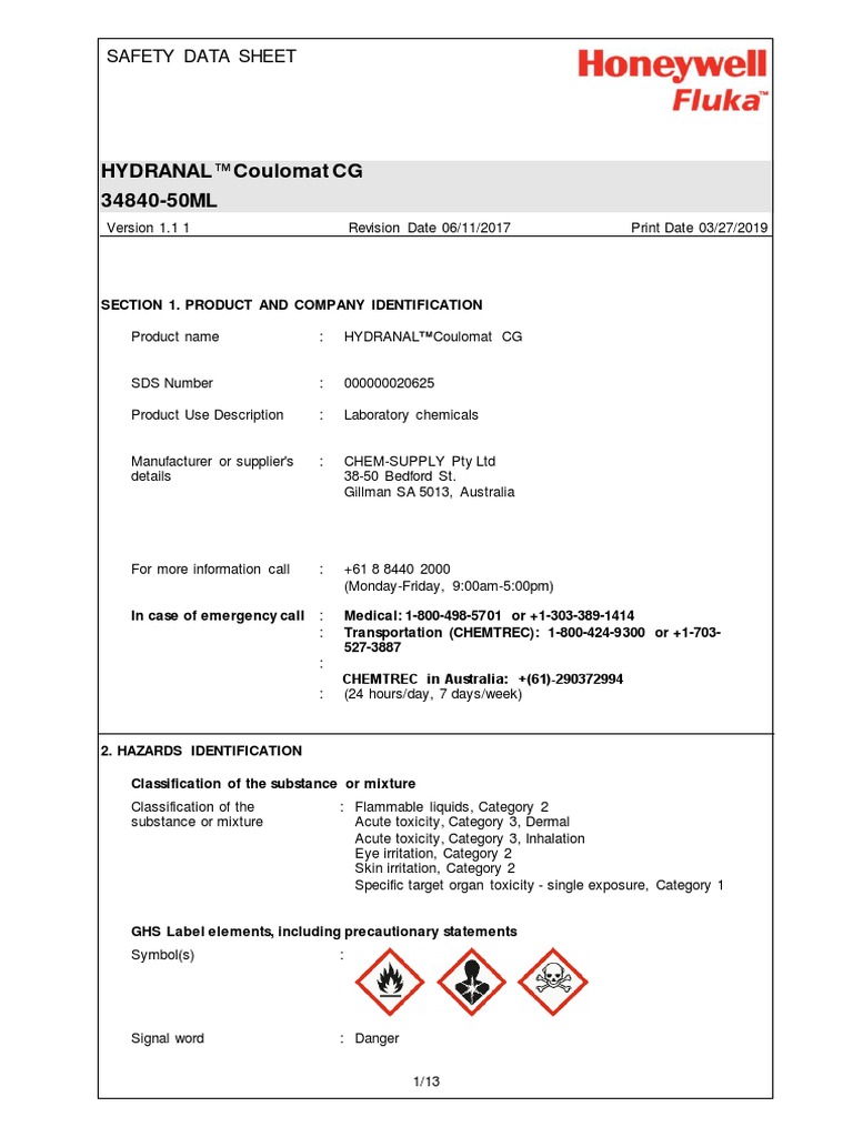 Hydranal CG | PDF | Toxicity | Dangerous Goods
