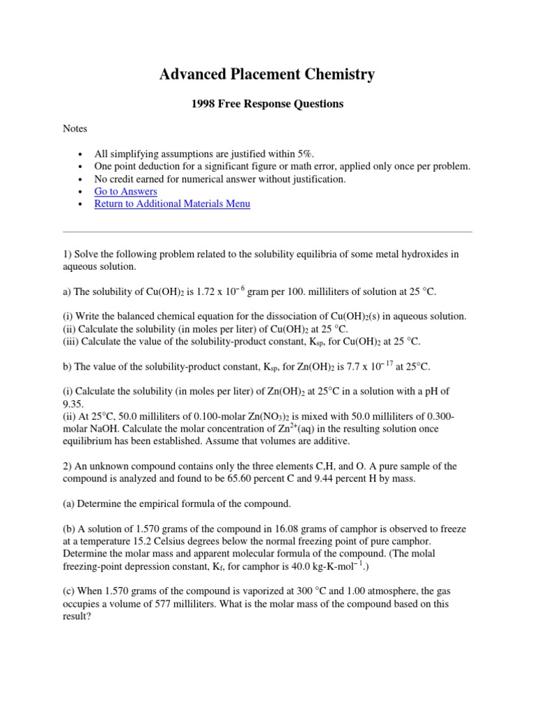 Advanced Placement Chemistry: 1998 Free Response Questions | Download ...