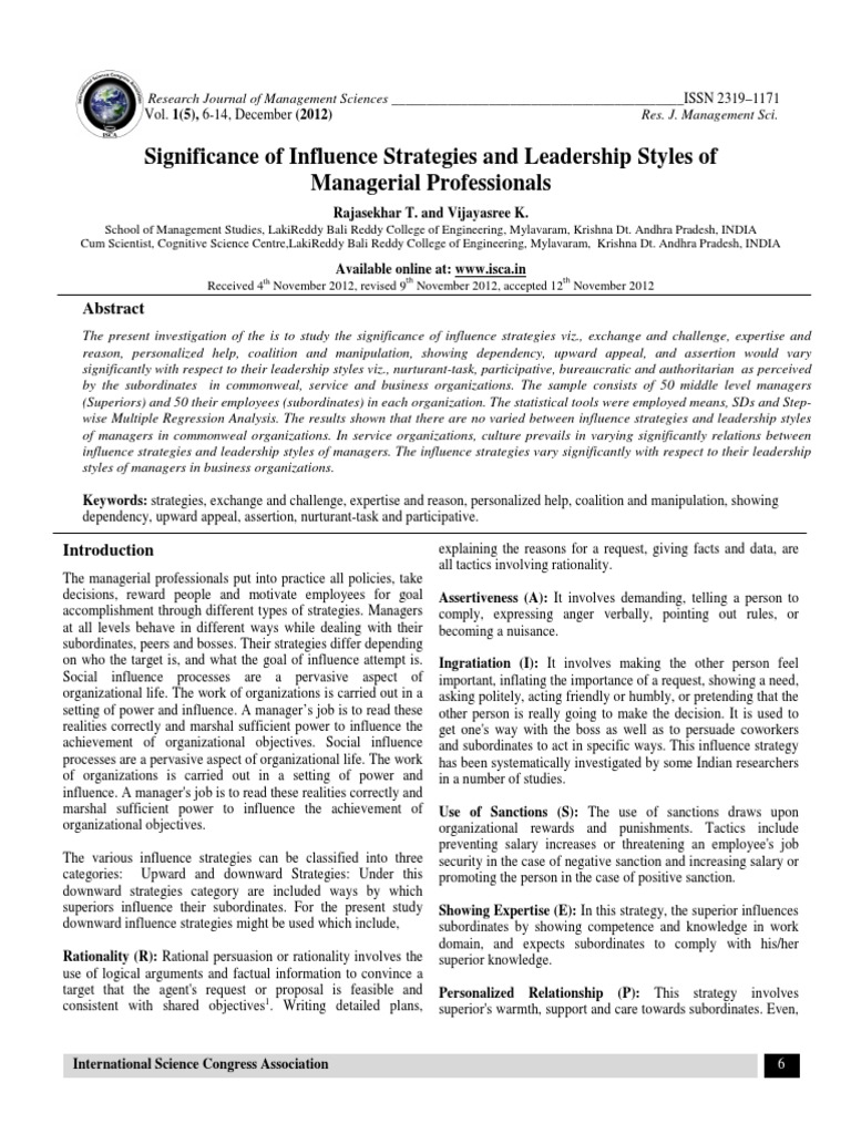 Significance of Influence Strategies and Leadership Styles of ...