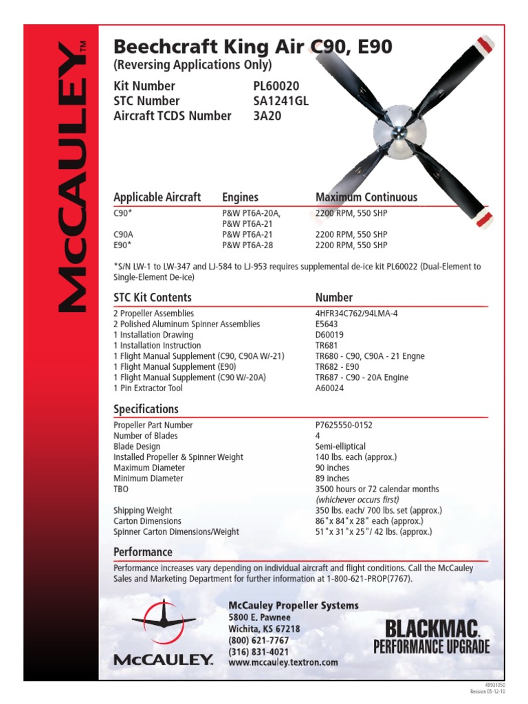 STC Kit for Installing McCauley 4HFR34C762/94LMA-4 Propellers on ...