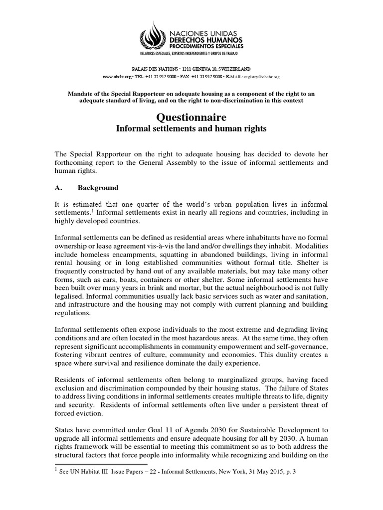 Questionnaire: Informal Settlements and Human Rights | PDF ...