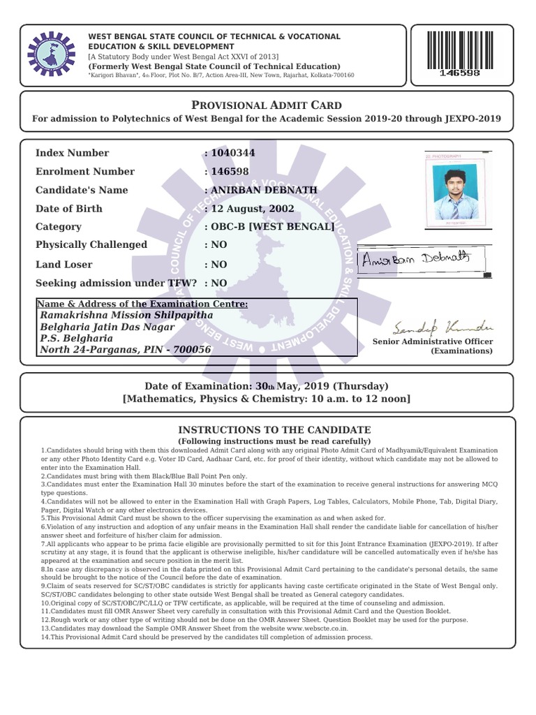 Provisional Admit Card for JEXPO-2019: Details of Candidate ANIRBAN ...