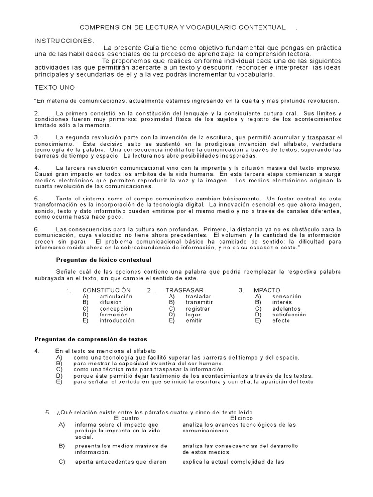 Ejercicios de Comprensión Lectora Secundaria | PDF | Medios de ...