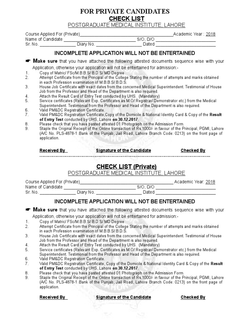 2018 PG Mi Admission Form Private | PDF | Dental Degree | Doctor Of ...