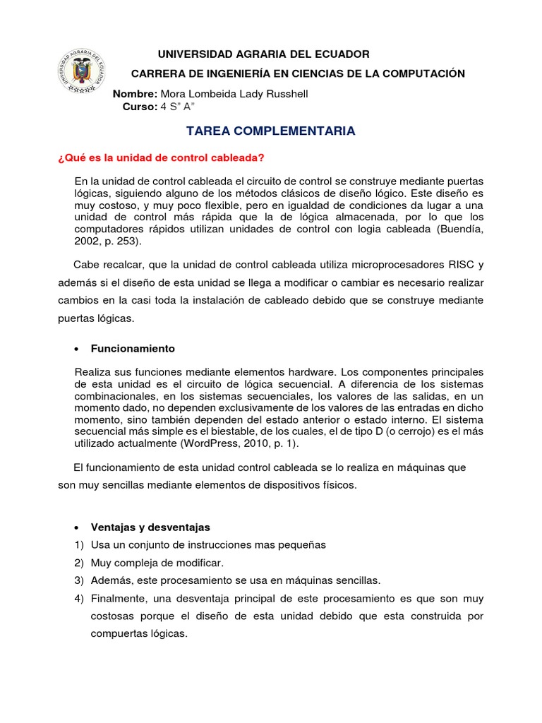 Unidad de Control Cableada y Microprogramada | PDF | Almacenamiento de ...
