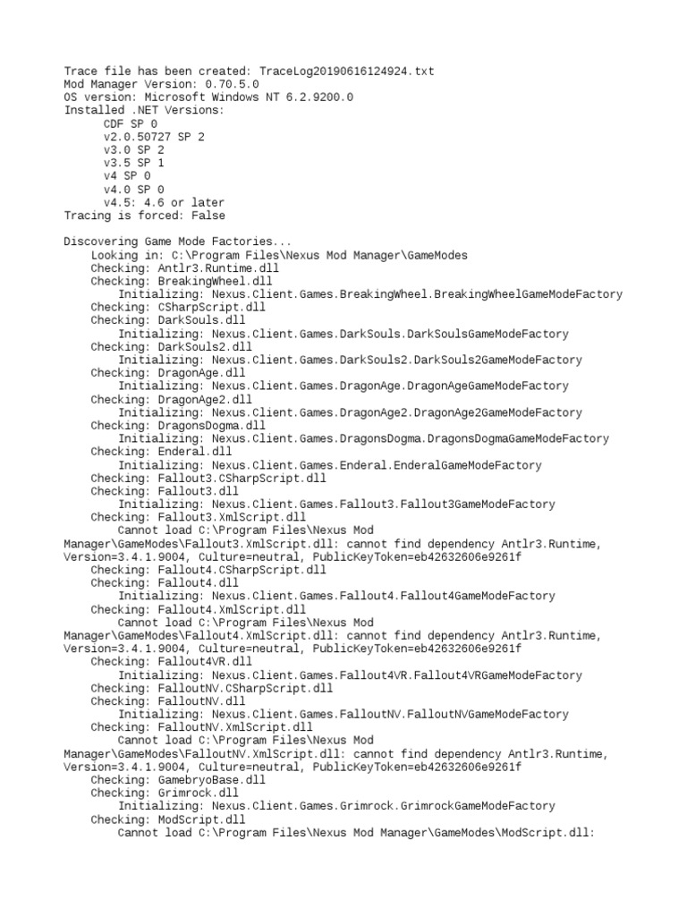 Nexus Mod Manager Log File Analyzing Initialization of Supported Game Modes and Searching for ...