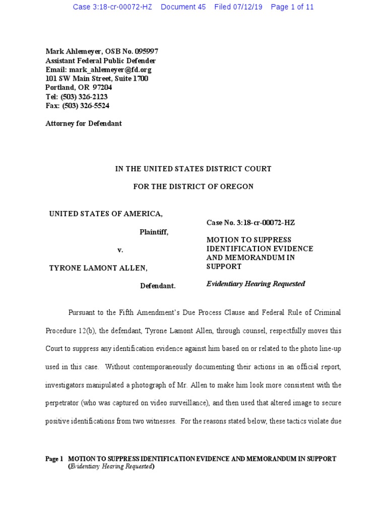 Tyrone Lamont Allen Motion To Suppress | PDF | Witness | Evidence