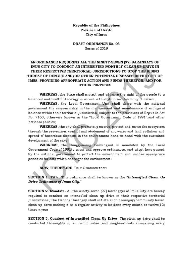 Intensified Monthly Clean Up Drive Ordinance: A Mandate for All 97 ...