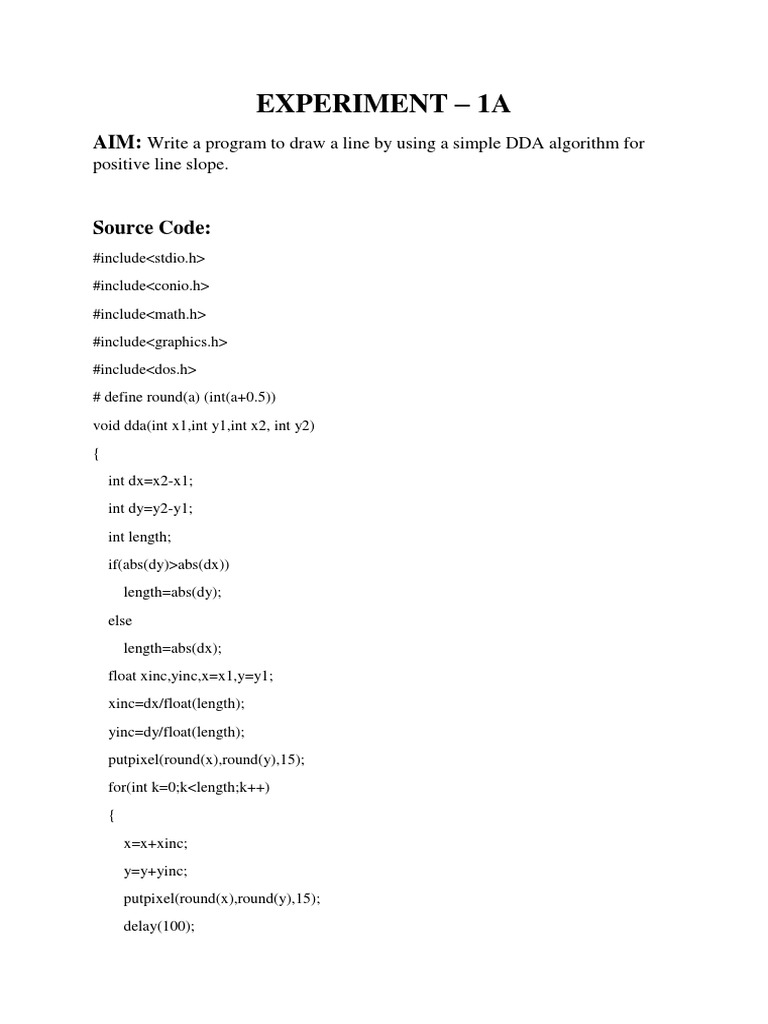 Experiment - 1A: Write A Program To Draw A Line by Using A Simple DDA Algorithm For Positive ...