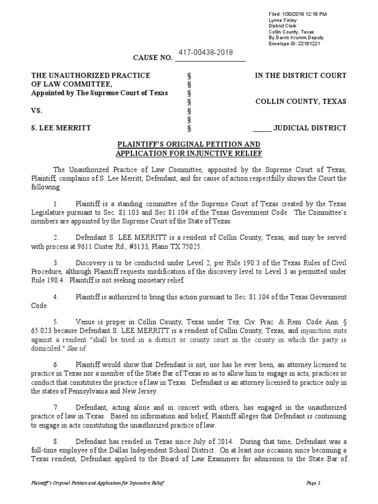 Complaint Seeking TRO V S Lee Merritt | Download Free PDF | Lawsuit | Practice Of Law