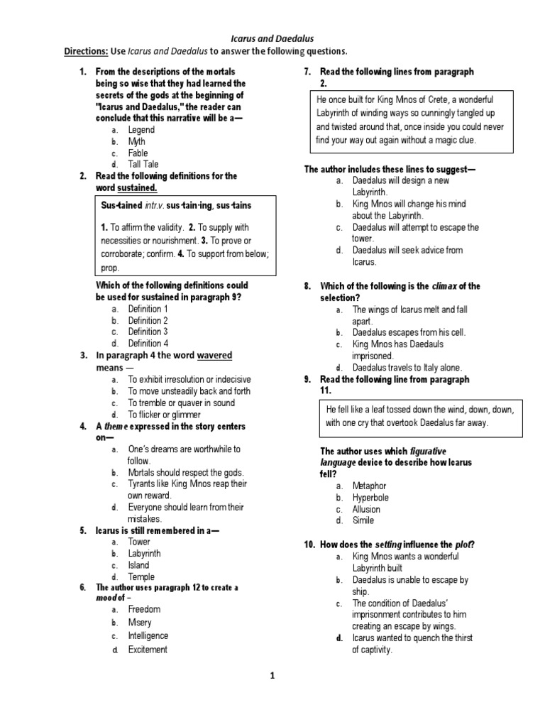 Icarus and Daedalus Worksheet | PDF
