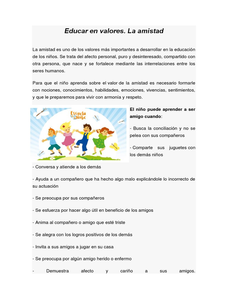 La amistad: valor y educación infantil | PDF | Crecimiento personal y ...