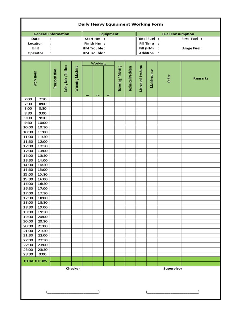 Daily Heavy Equipment Working Form: General Information Equipment Fuel ...