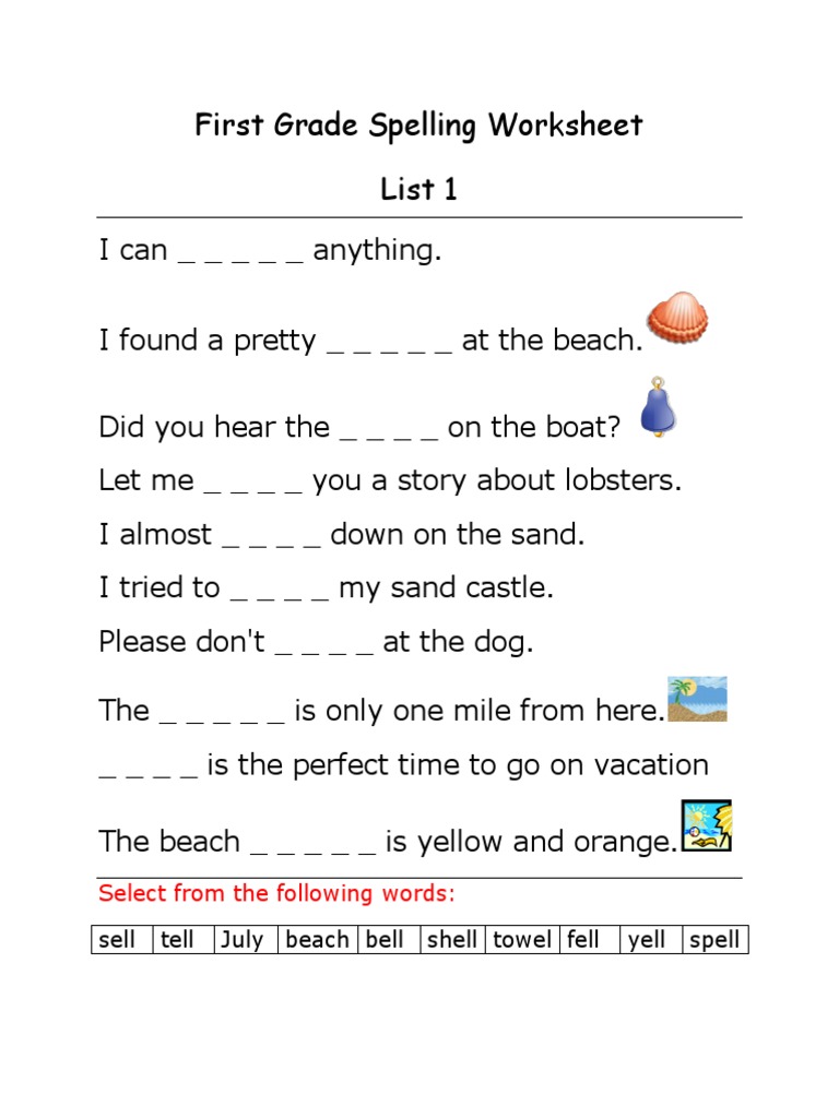 First Grade Spelling Worksheet List 1: Select From The Following Words ...