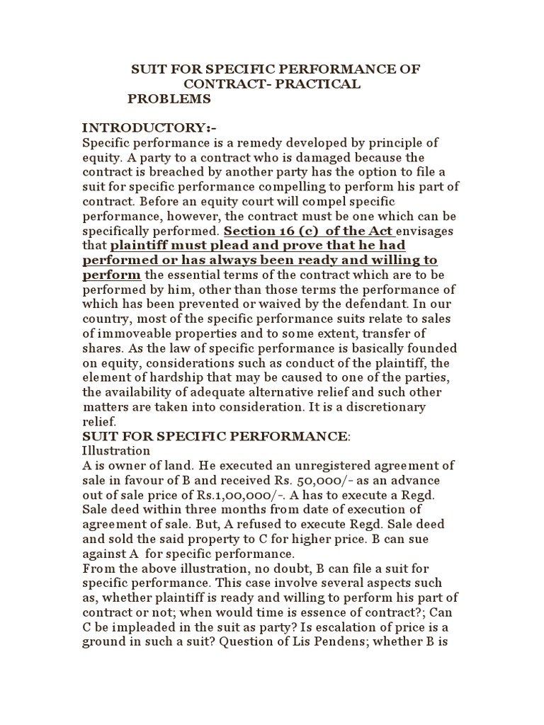 Suit For Specific Performance of Contract | Download Free PDF | Breach ...