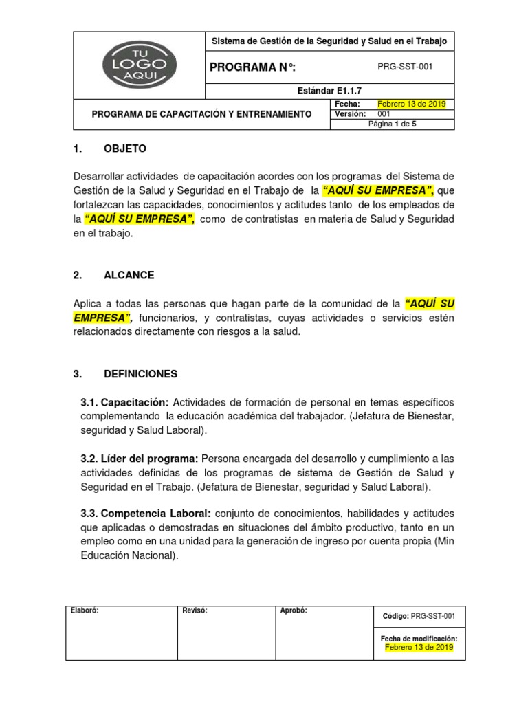 PRG-SST-001 Programa de Capacitación y Entrenamiento | PDF | Bienestar ...