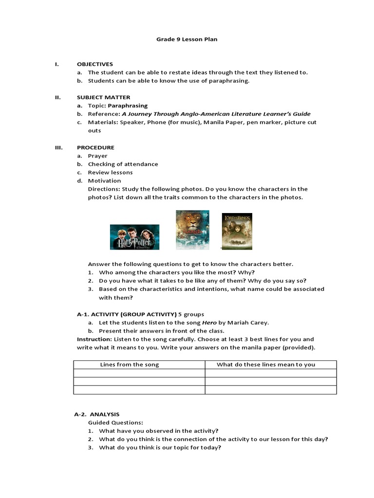 Paraphrasing Lesson Plan For Grade 9 | PDF | The Chronicles Of Narnia