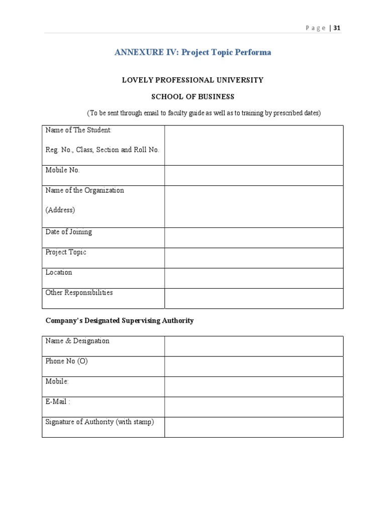 ANNEXURE IV: Project Topic Performa | PDF | Communication | Behavioural Sciences
