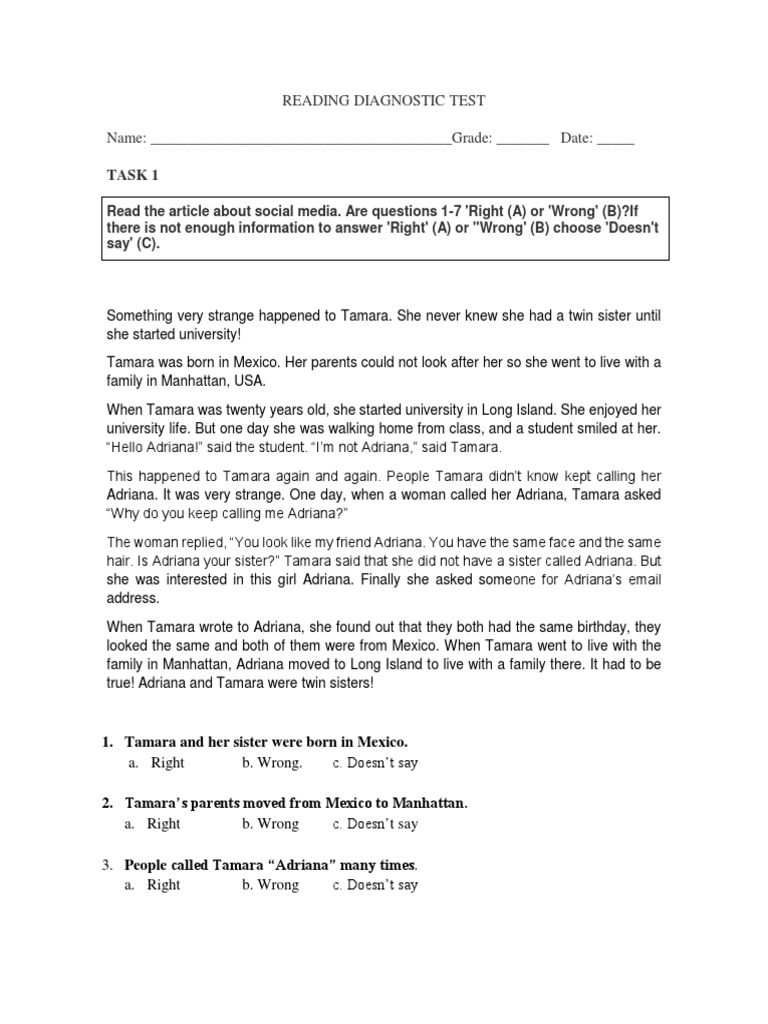 Reading Diagnostic Test | PDF