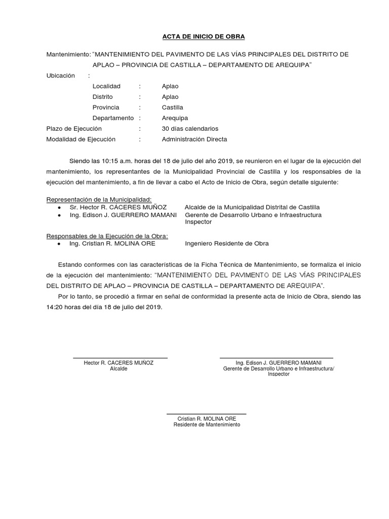 Acta de Inicio de Obra | PDF