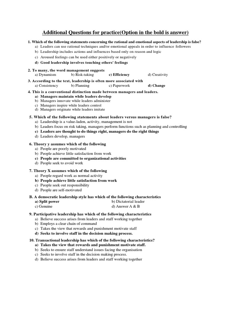 Leadership Exam Practice Questions | PDF | Self Awareness | Leadership