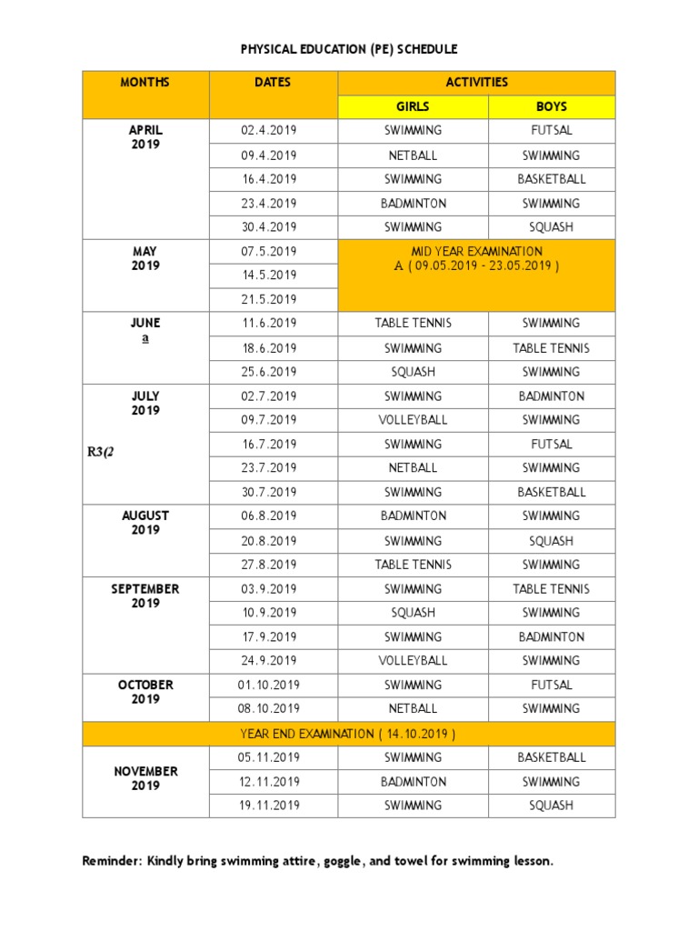 Physical Education (Pe) Schedule Months Dates Activities Girls Boys ...