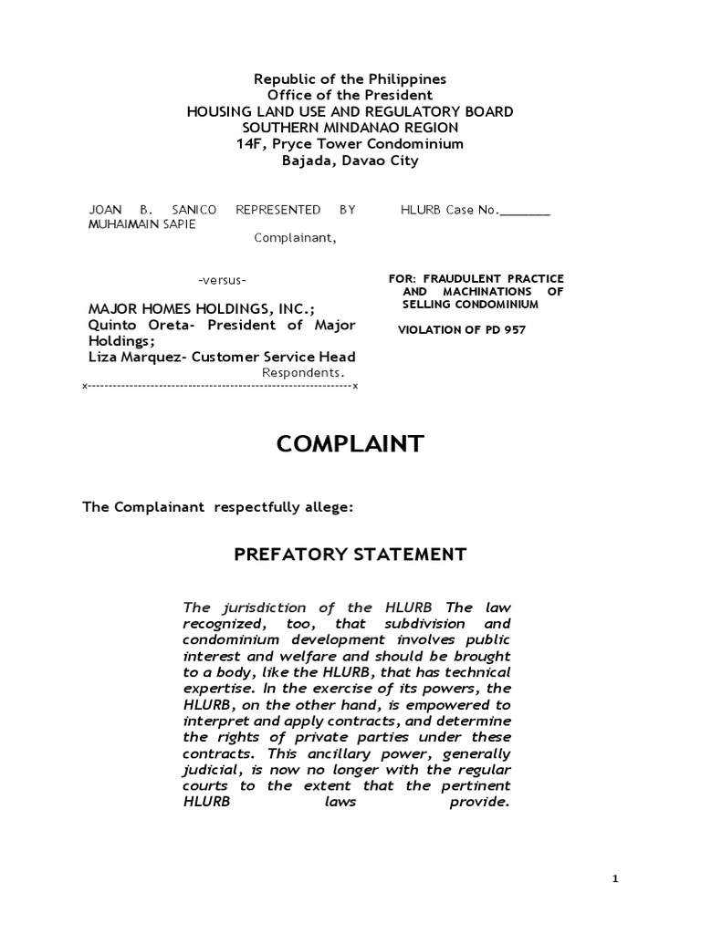 Complaint For Violation of PD 957 | PDF | Real Estate Broker | Crime ...