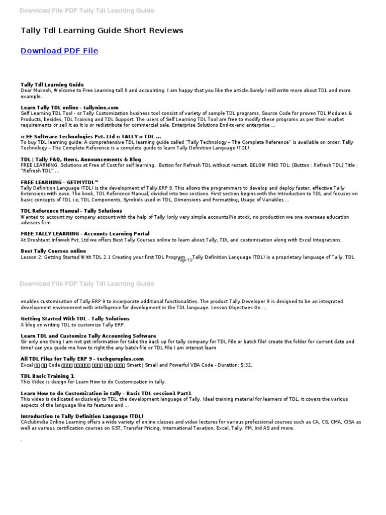 PDF File: Tally TDL Learning Guide Short Reviews | PDF | E Books ...