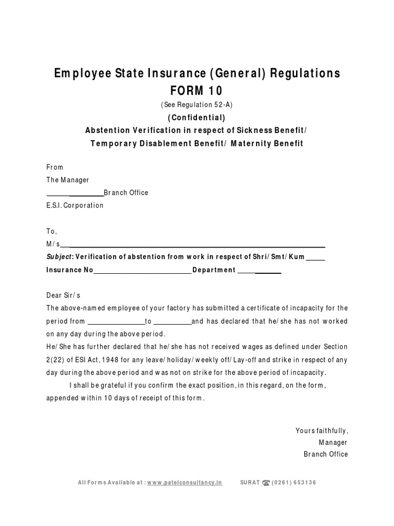 Form 10 Abstention Verification in Respect of Sickness Benefit | PDF ...
