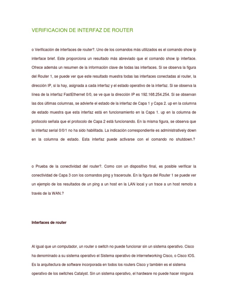 Verificacion de Interfaz de Router | PDF | Enrutador (Computación) | Interfaz de línea de comando