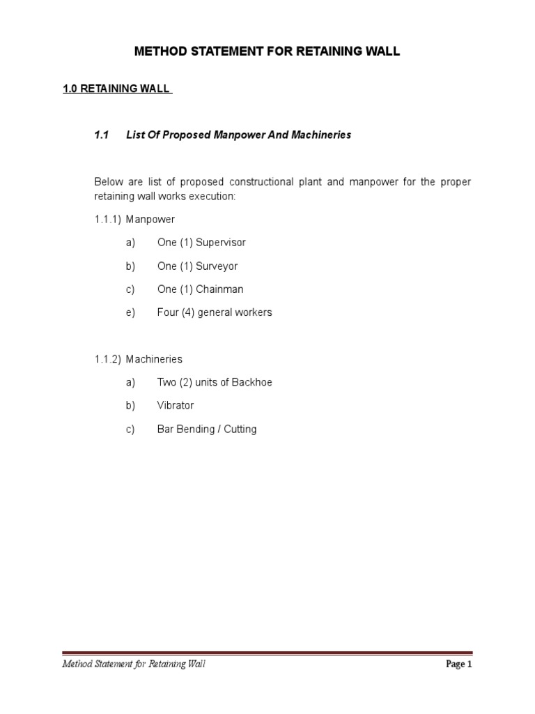 Method Statement For Retaining Wall: 1.1 List of Proposed Manpower and Machineries | PDF ...