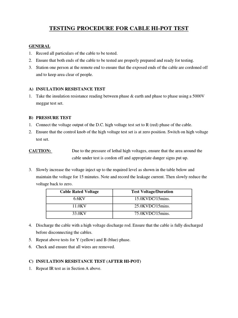 Procedure for Conducting High Voltage Insulation Testing on Power ...