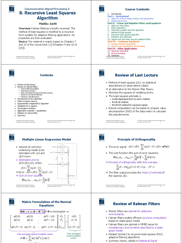Recursive Least Squares Algorithm: Markku Juntti | PDF | Kalman Filter ...