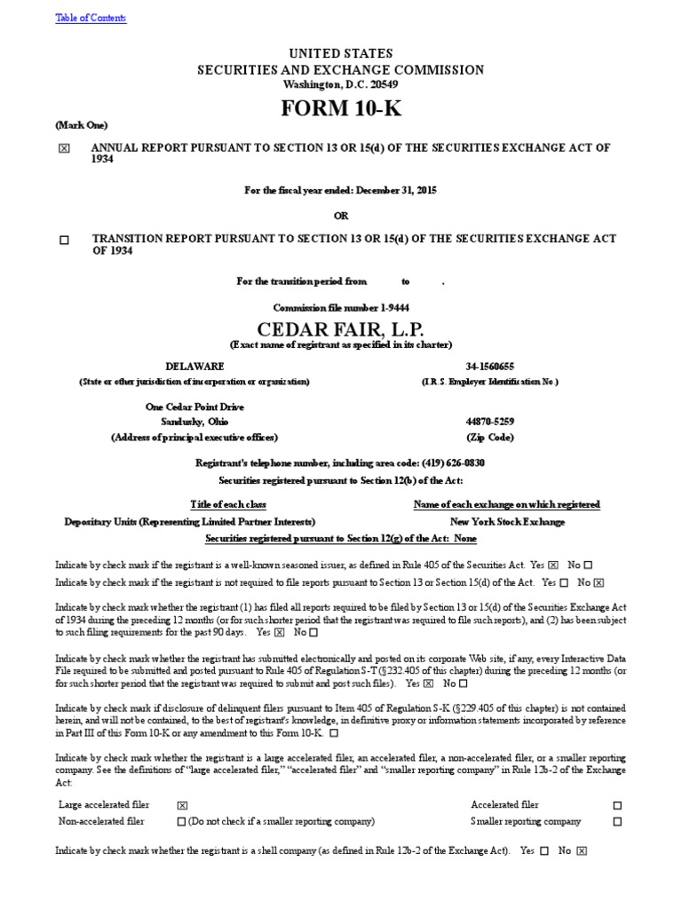 Cedar Fair 10K 2015 Filed | PDF | Debt | Computer Security