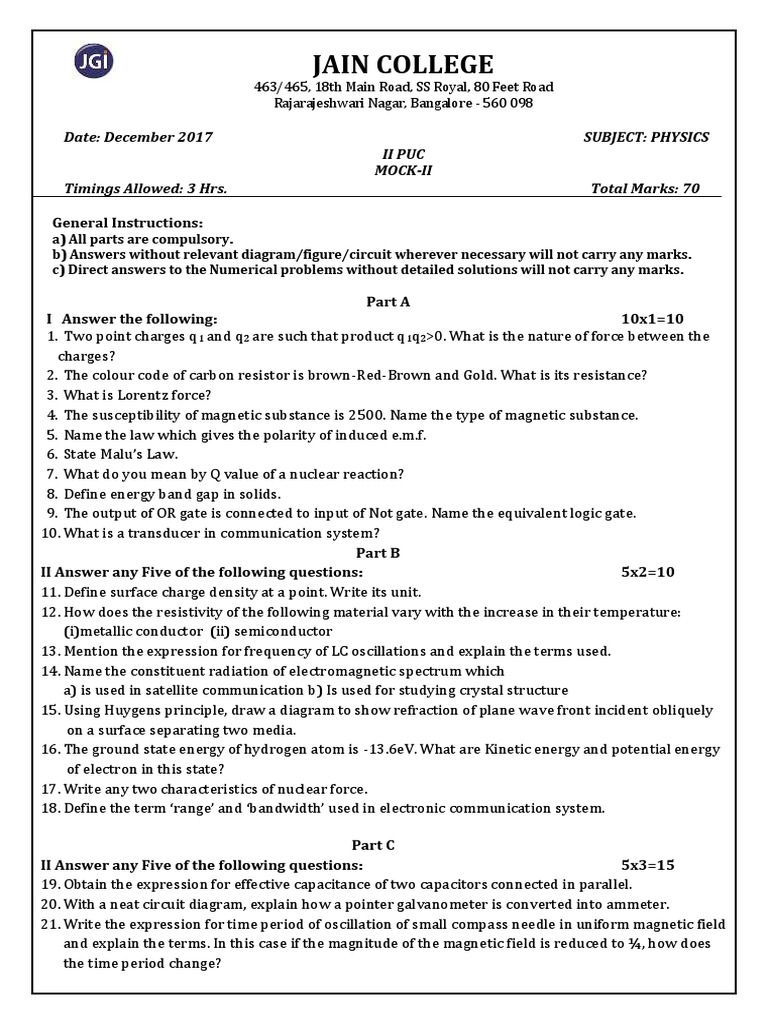 Karnataka II PUC Physics Mock Question Paper 2 | PDF | Inductor ...