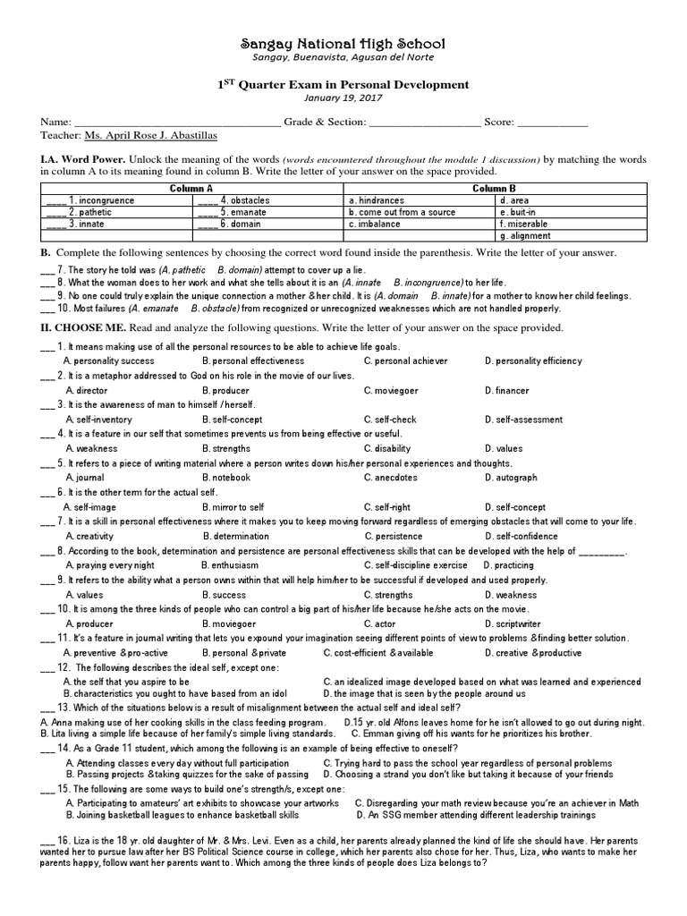 Sangay National High School: 1 Quarter Exam in Personal Development ...