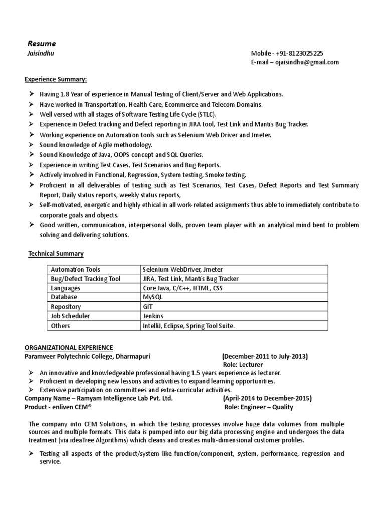 Resume For Manual Testing | PDF | Software Testing | Software Bug