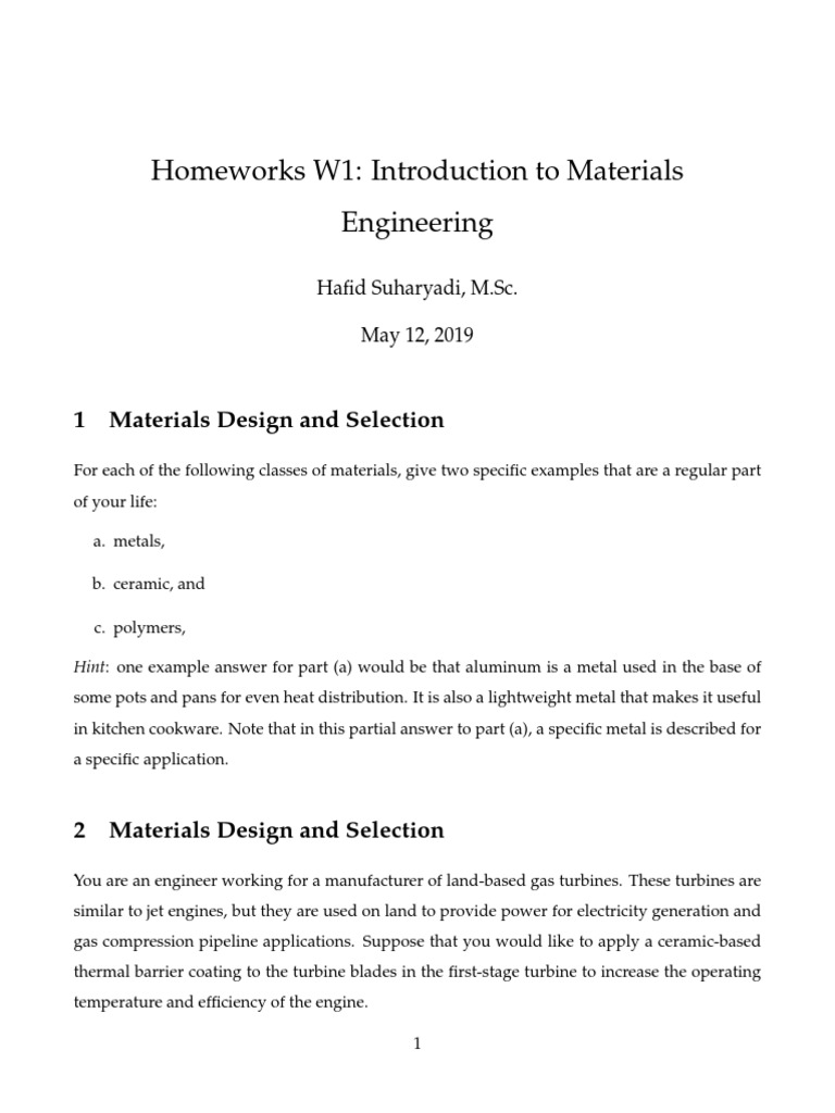 Homeworks W1: Introduction To Materials Engineering: 1 Materials Design ...