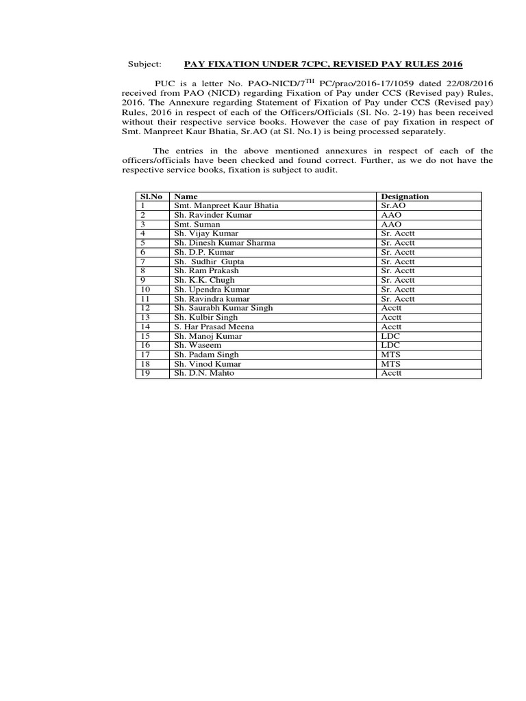 Pay Fixation Under 7Cpc, Revised Pay Rules 2016: SL - No Name ...