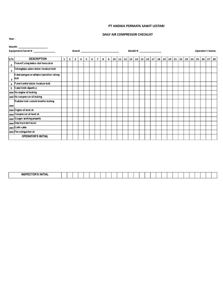 01 Air Compressor Daily Checklist | PDF