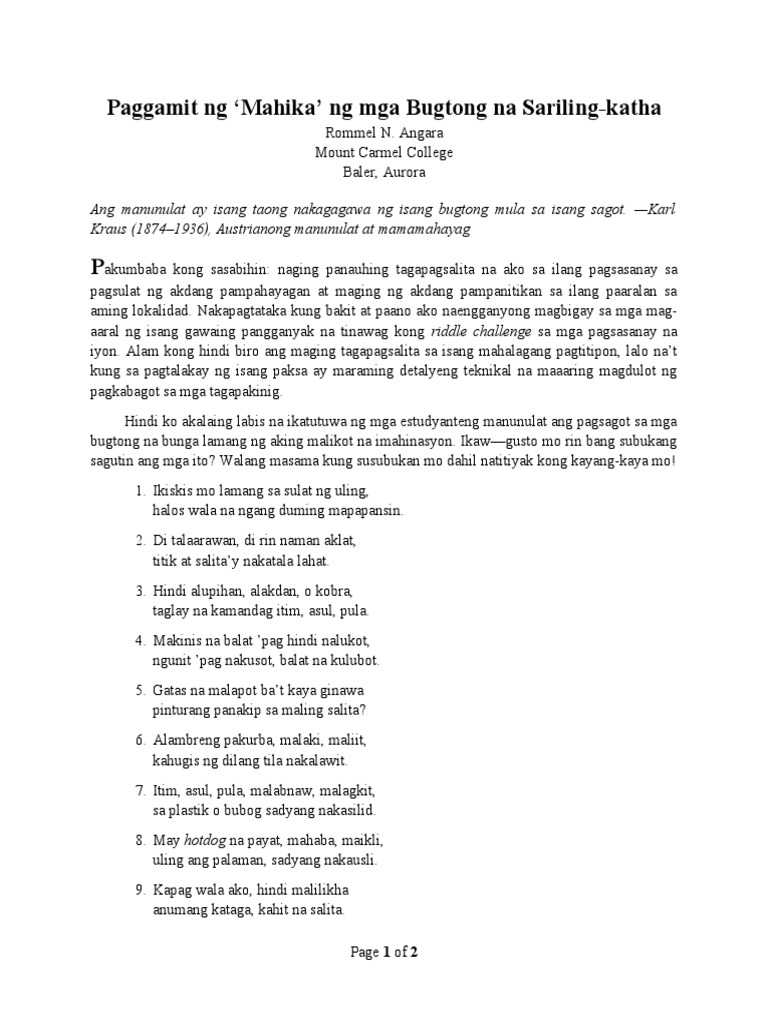 Paggamit NG 'Mahika' NG Mga Bugtong Na Sariling-Katha Ni Rommel N. Angara
