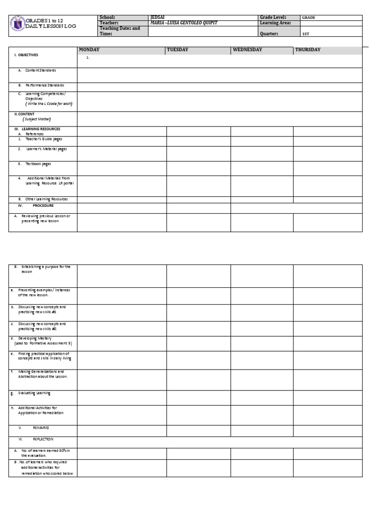 GRADES 1 To 12 Daily Lesson Log: School: Jedsai Grade Level: Teacher: Learning Area: Teaching ...